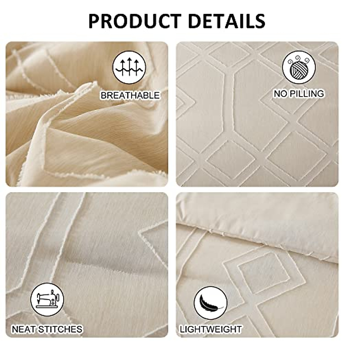 Dobuyly Cream Tufted Comforter Set Queen, 7 Pieces Bed in a Bag Boho Cream Beige Comforter Embroidery Shabby Chic Farmhouse Bedding Set, Soft Breathable Cation Microfiber Comforter Set