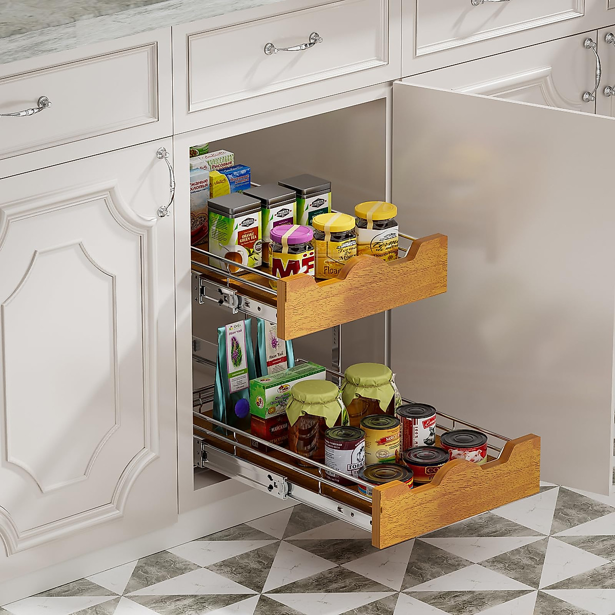 DINDON 2 Tier Pull Out Cabinet Organizer (14" W x 21" D) Slide Out Wood Shelf Double Tier Kitchen Wire Basket with Chrome Finish…