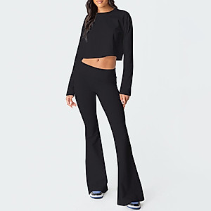 Gumipy Lounge Sets for Women 2 Piece Outfits Long Sleeve Crop Top & Flared Leggings Y2K Fall Outfits Trendy Workout Outfit Sets Cotton Jersey Collection Sweatsuits Yoga Matching Sets Tracksuit