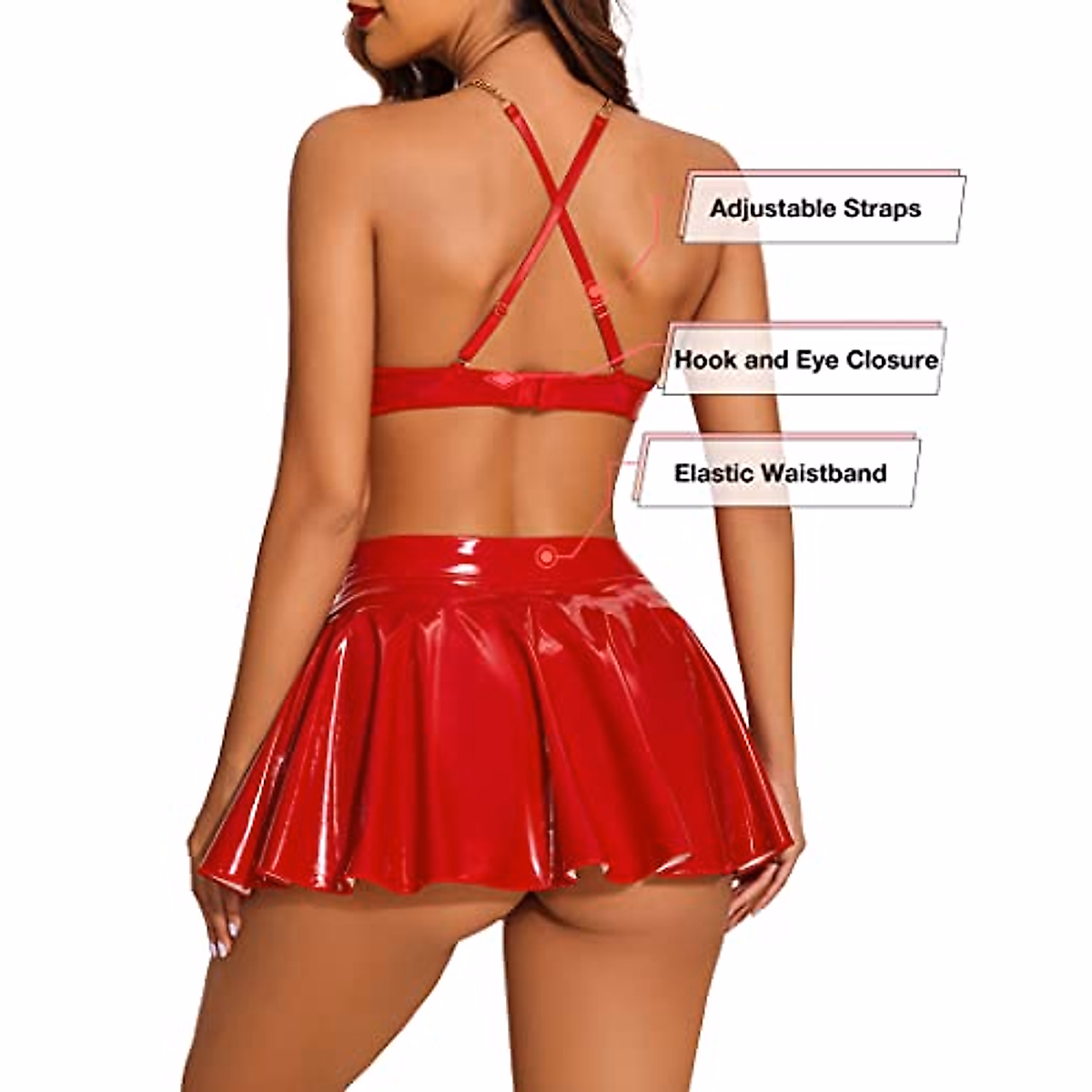 Avidlove Cosplay Lingerie for Women Sexy Bunny Costume Latex 4pack Ring Chain Linked Cut-out Halloween Outfit Set(Red,XL)