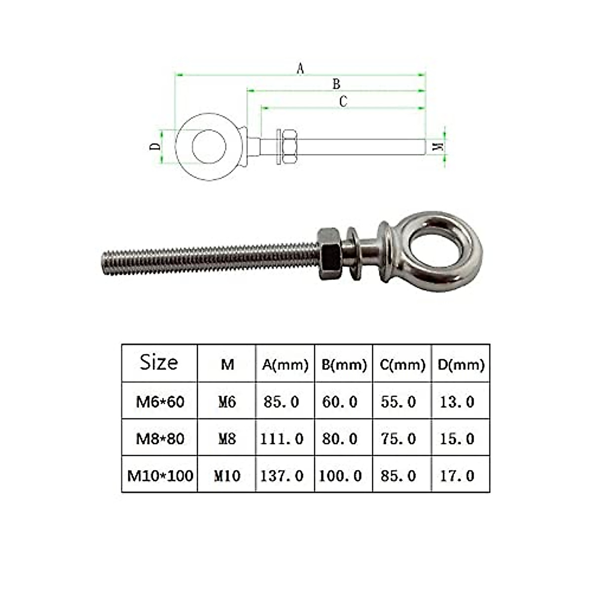 BINBAL Hardware Accessories 10pcs Marine Boat Stainless Steel Heavy Lifting Long Eye Bolt Marine HX Long Eye Bolts Ring Screw Loop Hole for Cable Rope M6