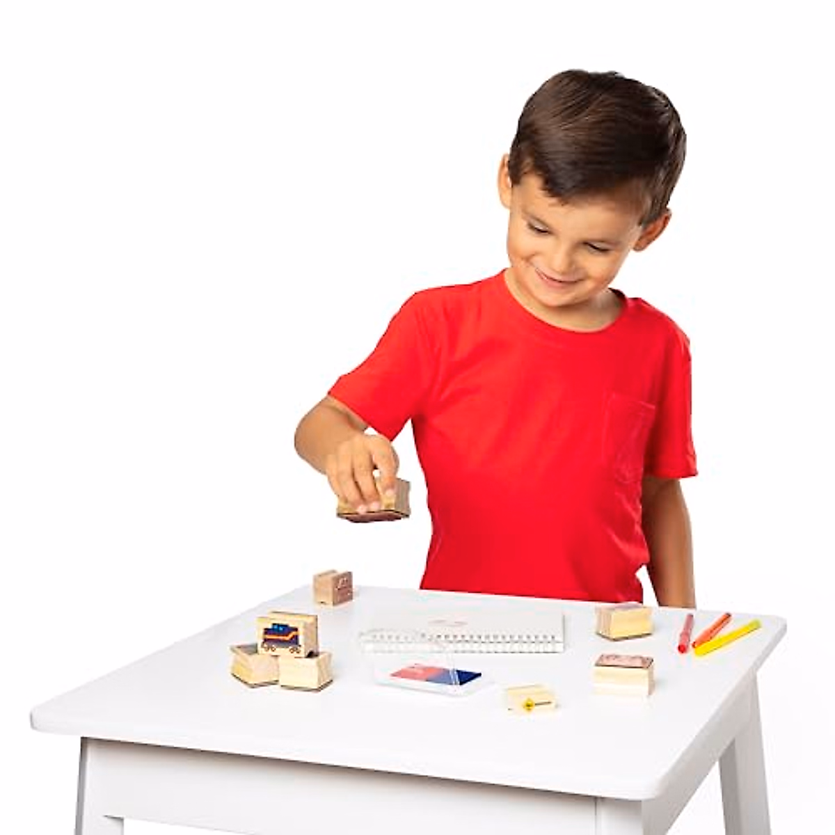 Melissa & Doug Deluxe Wooden Stamp and Coloring Set – Vehicles (30 Stamps, 6 Markers, 2 Durable 2-Color Stamp Pads)