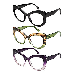 AMOMOMA 3 Pack Stylish Oversized Cat Eye Reading Glasses for Women Fashion Readers Blue Light Square Computer Glases AM6077 C1+C2+C3 1.5