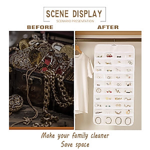 AARAINBOW Hanging Jewelry Organizer Dual-Sided Closet Accesoory Organizer with 80 Pockets Jewelry Hanger for Earrings, Necklaces, Rings on Closet, Wall, Door (White)