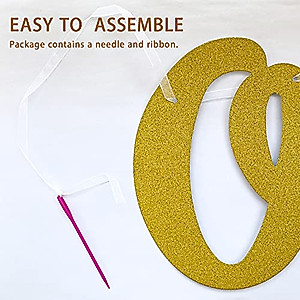 Gold 1st Birthday Banner, Glitter Number One Highchair Sign with Silk Ribbon, One Year Bday Party Decor for Girls and Boys, Baby Shower Photo Booth Props, First Birthday and Anniversary Party Cake Decorations