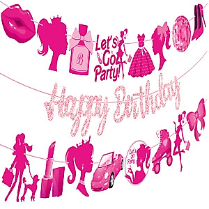 3Pcs Hot Pink Girl Happy Birthday Banners Pink Glitter Hot Pink Princess Birthday Party Decorations for Girls Doll Theme Baby Shower Ladies Bachelorette Party Supplies
