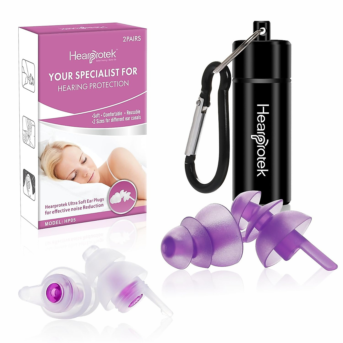 Hearprotek Sleeping Ear Plugs, 2 Pairs Ear Plugs (32db & 30db) Ultra Soft Noise Reduction and Hearing Protection earplugs for Side Sleepers, snoring, Travel, Working, Safety (Purple)
