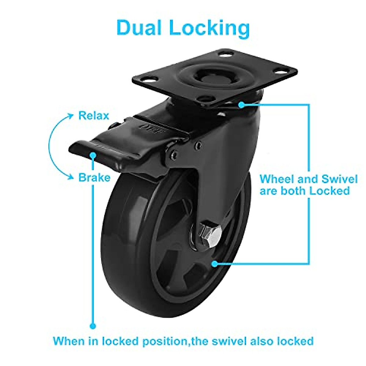 PRITEK 5 inch Caster Wheels Bearing 1800lbs 4 Pack Heavy Duty Rubber Plate Casters All with Safety Brake No Noise Lockable Swivel Casters (Include 16pcs Screws)