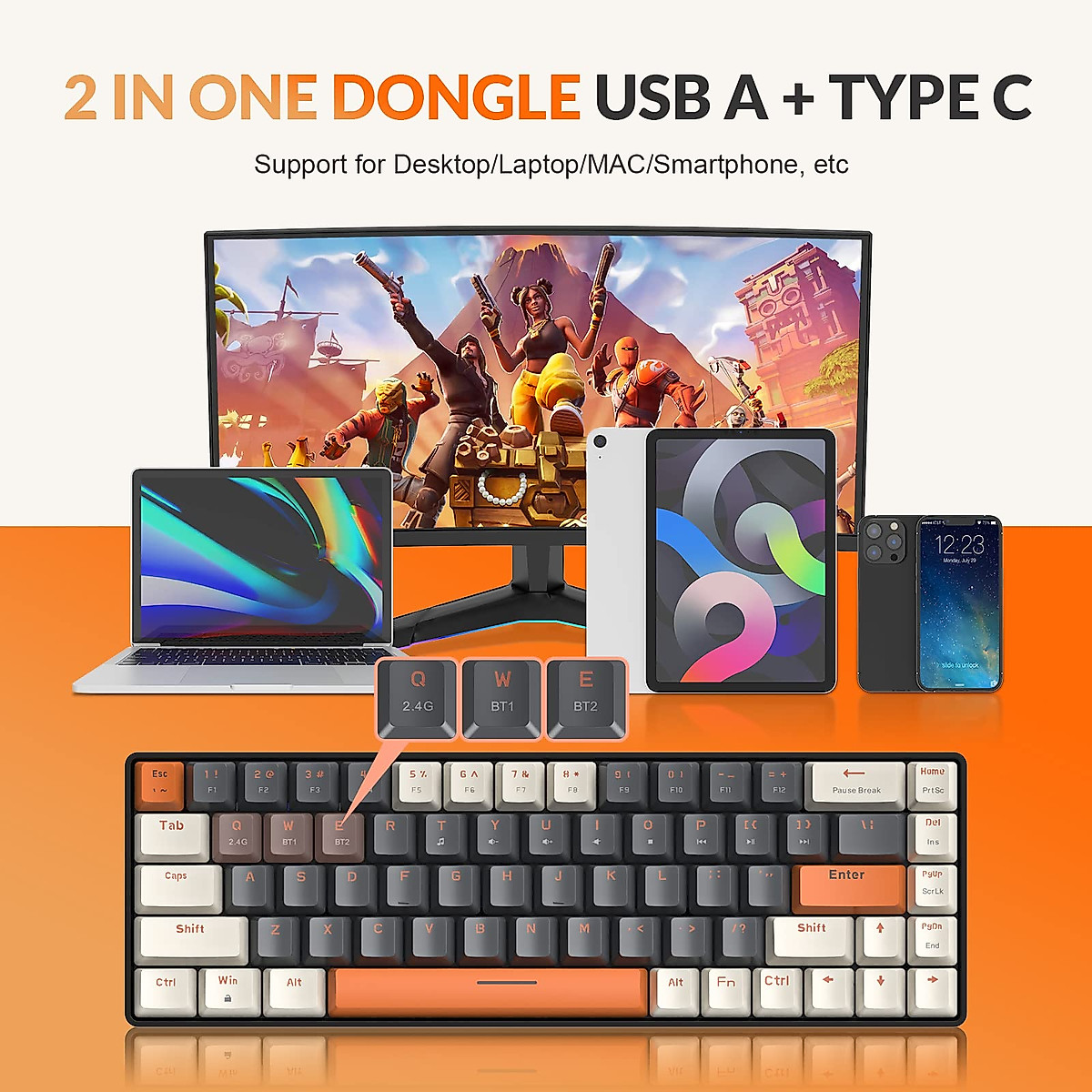 MAGIC-REFINER 60% Wireless Mechanical Keyboard, Bluetooth 5.0/2.4GHz with Dual Mode 2-in-1 Receiver, Compact 68-Key Hot Swappable Ergonomic Gaming Keyboard, Clicky Blue Switch for PC Mac Smartphone