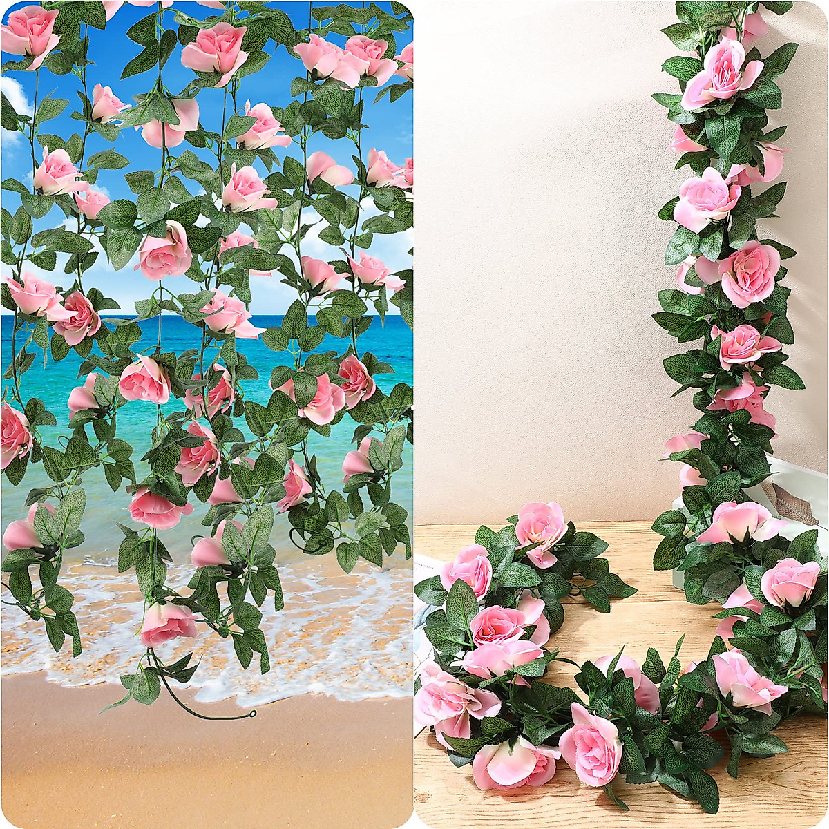 Hoteam 12 Pcs (90 Ft) Pink Fake Rose Vine Garlands for Wedding Artificial Rose Vine Plants Room Decor Flowers Hanging Rose Garland for Wall Wedding Party Backdrop Garden Craft Art Decorations