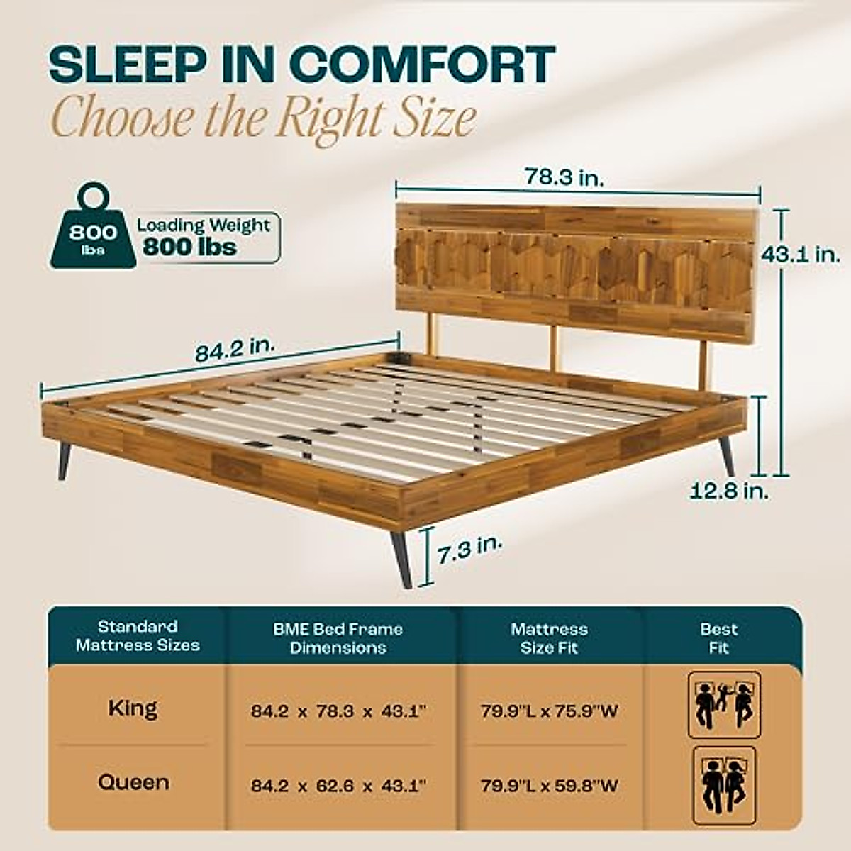 Bme Georgina King Bed Frame and Headboard, Handcrafted Geometric Pattern Solid Wood Platform Bed Frame, No Box Spring Needed, 12 Strong Wood Slats Support, Easy Assembly, Teak Brown