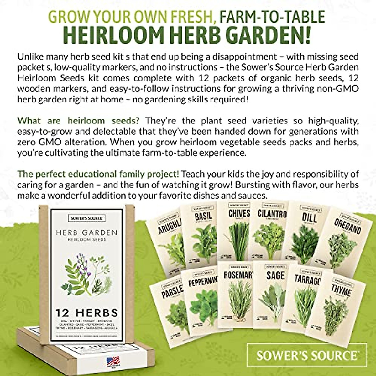 SOWER'S SOURCE Herb Seeds For Planting - 12 Non-GMO Herb Garden Seeds for Planting Herbs: Basil Seeds, Dill, Chives, Oregano, Sage, Peppermint, Cilantro, Thyme, Rosemary, Tarragon, Parsley, Arugula