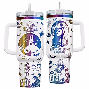 GEPOSTORE Birthday Gifts for Movie Lovers, Skeleton Couple 40oz Laser Tumbler with Handle, Spooky Movie Cup, Horror Movie Coffee Mug, Gifts for Christmas Halloween