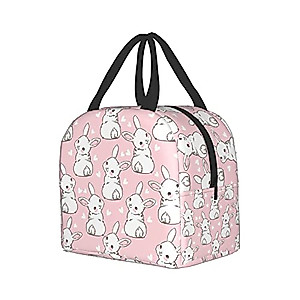 Ucsaxue Cute Bunny And Heart On Pink Lunch Box Reusable Lunch Bag Work Bento Cooler Reusable Tote Picnic Boxes Insulated Container Shopping Bags For Adult Women Men