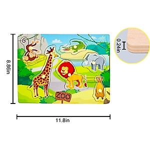 Wooden Peg Baby Puzzles, Full-Color Pictures Animal Shape Chunky Puzzle, Jumbo Knob Zoo Puzzle for Toddlers 18 Months and Up, 6Pieces