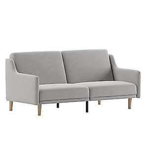 Flash Furniture Delphine Convertible Split Back Sofa Futon - Gray Faux Linen Upholstery - Solid Wood Legs - Curved Armrests - Sleeper Couch for Small Spaces,Grey