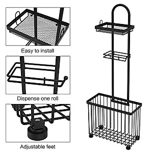 X-cosrack Freestanding Toilet Paper Holder Toilet Tissue Rack Scroll Stand Roll Dispenser with Storage Shelf Reserve for Phone Tablet Magazine Bathroom Organizer Bath Tissue Organizer (Black)
