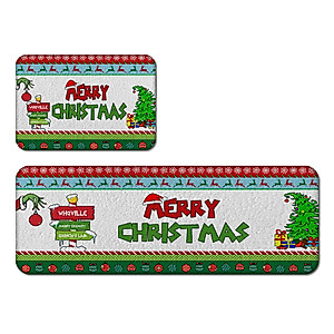 Moladika Merry Christmas Kitchen Mats Set of 2 Grinchmas Kitchen Mats for Floor Winter Xmas Tree Red and Green Cushioned Anti-Fatigue Floor Mats