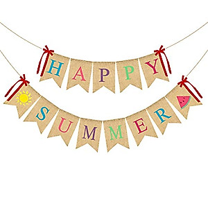2Pack Happy Summer Burlap Banner Rustic Garland Decorations with Sun and Watermelon, Pool Beach Barbecue Hawaiian Party Decor Supplies