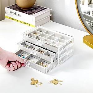 ProCase Earring Holder Organizer Jewelry Box with 3 Drawers, Acrylic Clear Earring Case with Adjustable Velvet Trays for Women - Grey, 3 Layers