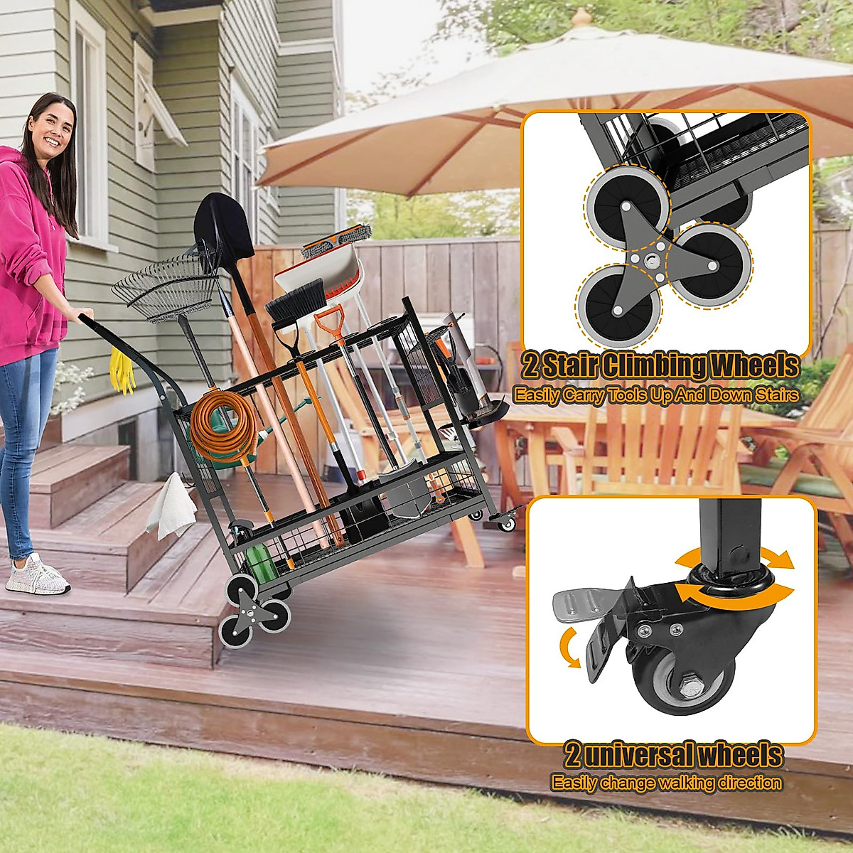 LWTURLOV Garden Yard Tool Organizer with Wheels,Garden Tool Storage,2 Stair Climbing Wheels Garden Cart Yard Tool Organizer for Garage,Yard Racks Tools, Shed, Garage Tool Organizer Rack,Black