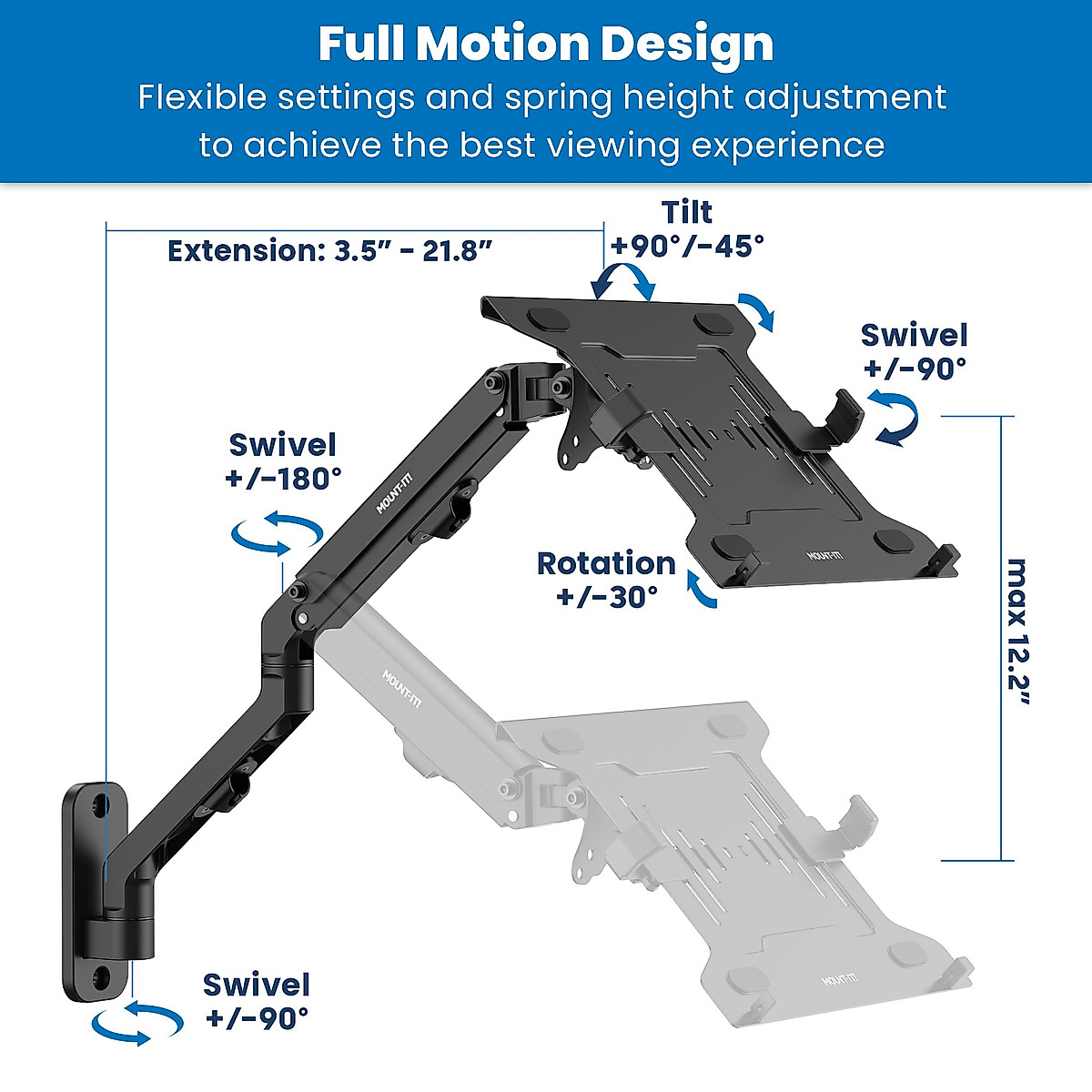 Mount-It! Keyboard Mount for Wall or Pole Mounting, Keyboard and Mouse Stand, Tray with Full Motion Swivel, Spring Arm, Easy Adjustments Tilt and Extension