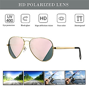 HJSTES Polarized Aviator Sunglasses for Women Men Classic Metal Shades Mirror Lens 100% UV Blocking, 58mm(Glod Frame/Pink Mirrored)