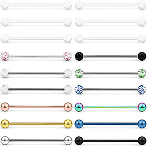 Dyknasz 18PCS 14G Clear Acrylic Bioflex & Stainless Steel Industrial Barbell Cartilage Earring Retainer Body Piercing Jewelry for Women Men 1 1/2"(38mm) Silver Rose Gold Black Rainbow Clear