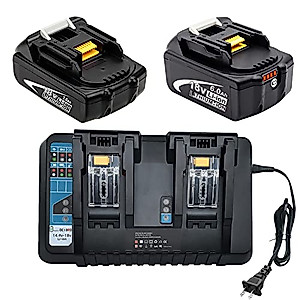 BATTOOL BL1830 18V 3.0Ah Battery and 6.0Ah Lithium Replacement Battery with DC18RD Dual Port Charger Compatible with Makita 18V Battery BL1860 BL1850 BL1840 BL1830 14.4V-18V Power Tools Battery