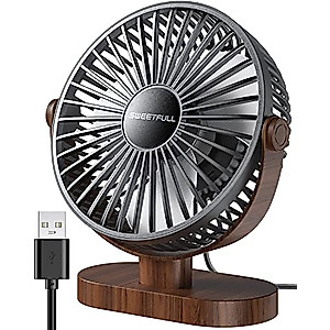 SWEETFULL 6.5 Inch USB Small Desk Fan, 3 Speeds Quiet Portable Desktop Table Fan, 360° Adjustment Personal Mini Fan for Home Office Car Outdoor Travel (Black wood grain)