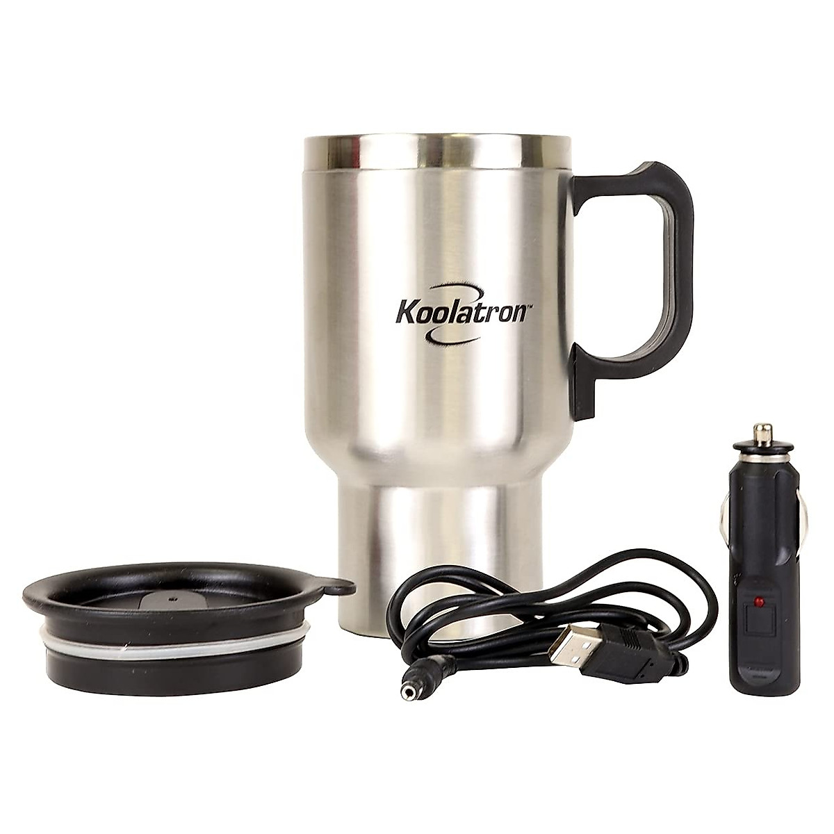 Koolatron 12V USB Insulated Travel Mug with Heater, 500 mL (17 oz), Silver and Black Stainless Steel for Car, SUV, Truck, Office, Home, Dorm