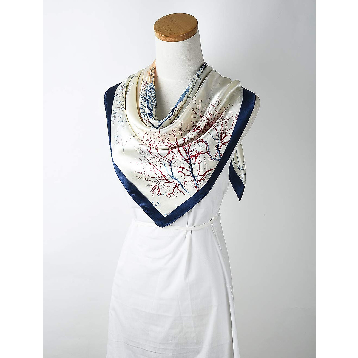 corciova 35 x 35 Large Bandana Women Satin Tie Square Headband Silk Like Hair Scarf Wrap Headscarf Prussian Blue Beige Trees