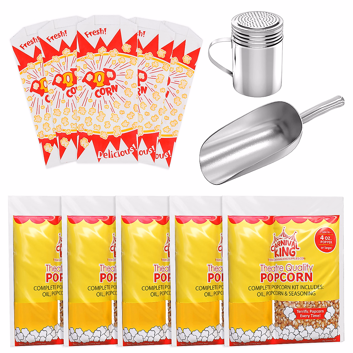Popcorn Machine Supplies Set, 5 Bags Of Popcorn Kernels Kit (Large Butterfly Kernels, Salt Seasoning, and Popcorn Oil), 100 Popcorn Bags (1 oz. Paper), 1 Popcorn Scoop, 1 Popcorn Season Salt Shaker
