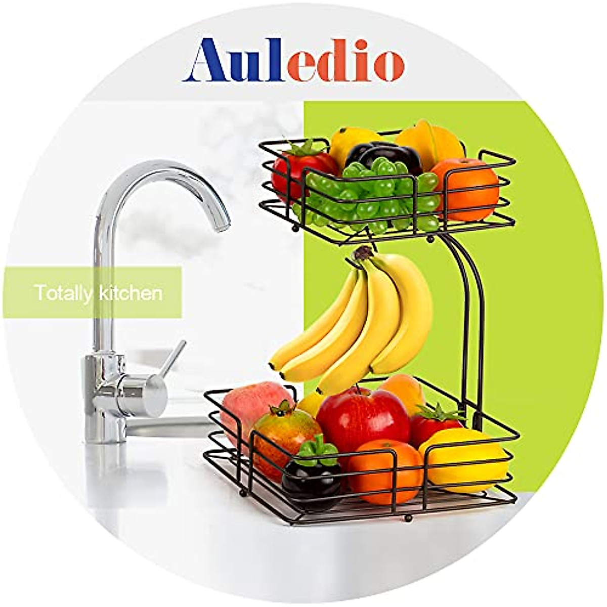 Auledio GGG-123 2-Tier Square Countertop Fruit Vegetables Basket Bowl Storage With Banana Hanger, Brone, 1 PACK