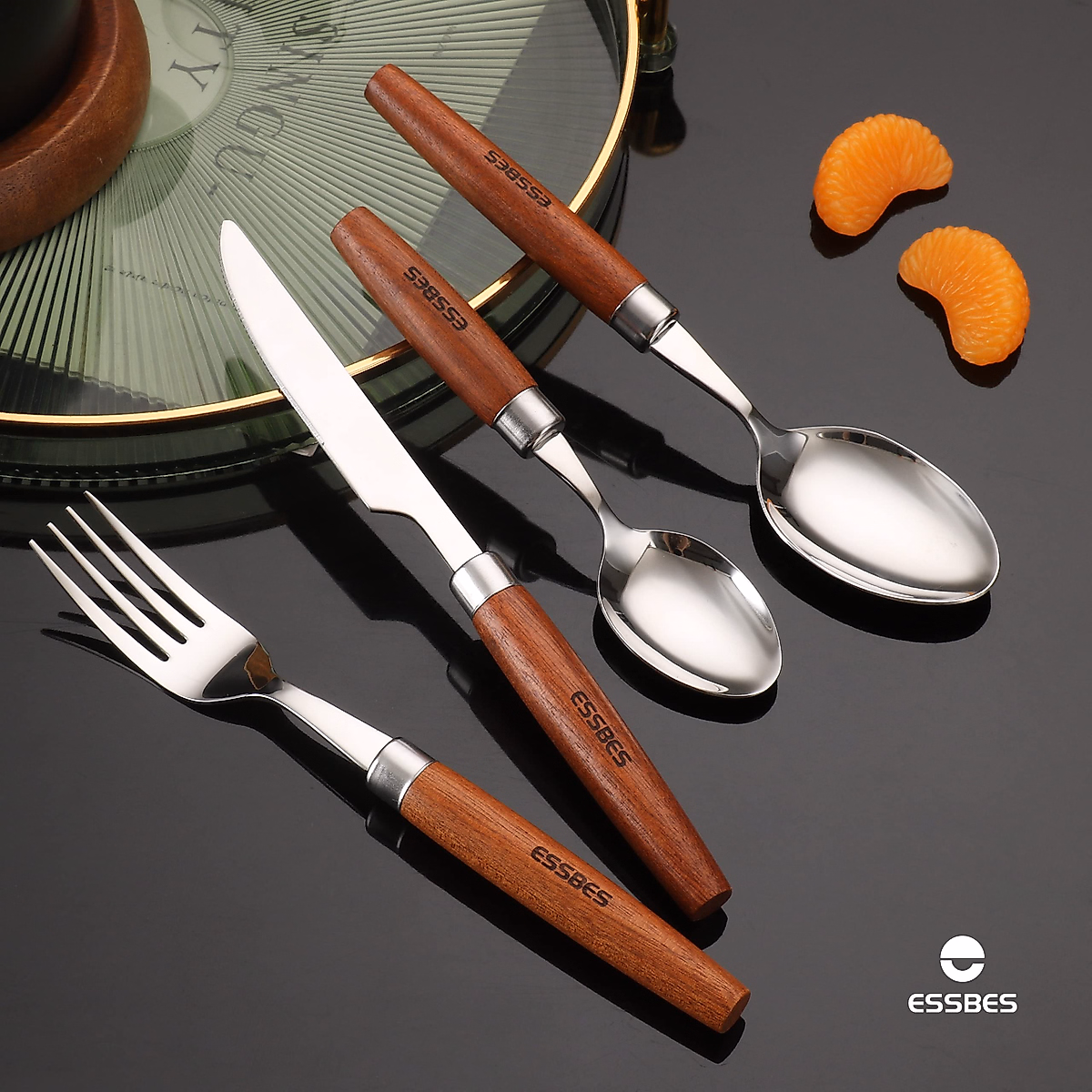 ESSBES 5-Pcs Wooden Handle Silverware Set - Stainless Steel Flatware Set with Fork, Spoon, Knife, Dessert Spoon, Chopsticks and Delicate Gift Box, Portable Cutlery Set For Home Kitchen Hotel & Gift