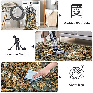 NICETOWN 5x8 Vintage Area Rug - Thin Washable Boho Non-Slip Entryway Rug Oriental Medallion Living Room Rug Entrance Mat Carpet for Kitchen Laundry Bathroom Bedroom, Green