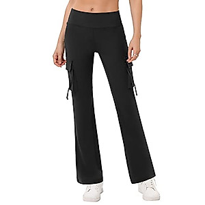 GymSmart Mid Waisted Yoga Cargo Pants for Women Stretch Bootcut Casual Pants Black