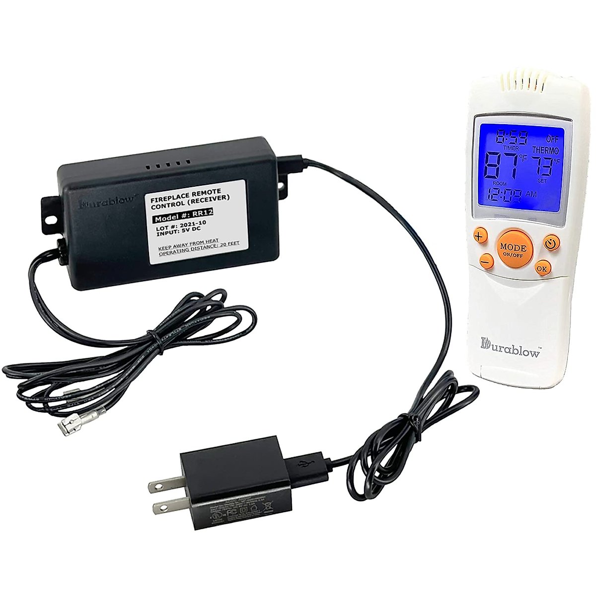 Durablow TR2004 Gas Fire Fireplace On/Off Remote Control Kit + Thermostat + Timer + Backlit Transmitter for Millivolt Valve, IPI Module, Thermostat + Backlit Transmitter, 100-240VAC Input