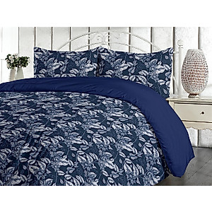 Ambesonne Floral Duvet Cover Set, Monochrome Vintage Art of Continuous Flowers and Leaves on Night Themed Back, Reversible 3 Piece Bedding Set with 2 Pillow Shams, California King, White Navy Blue