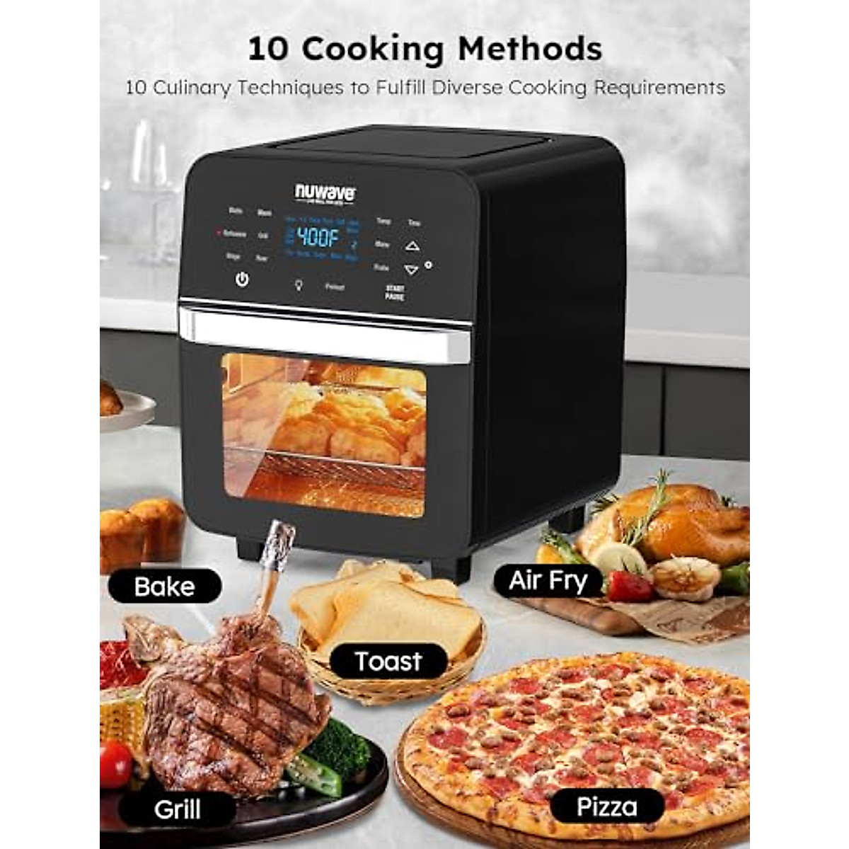 Nuwave Brio Air Fryer Oven, 15.5Qt X-Large Family Size, SS Rotisserie Basket &Skewer-Kit, Reversible Ultra Non-Stick Grill/Griddle Plate, Powerful 1800W, Integrated Smart Thermometer,Black
