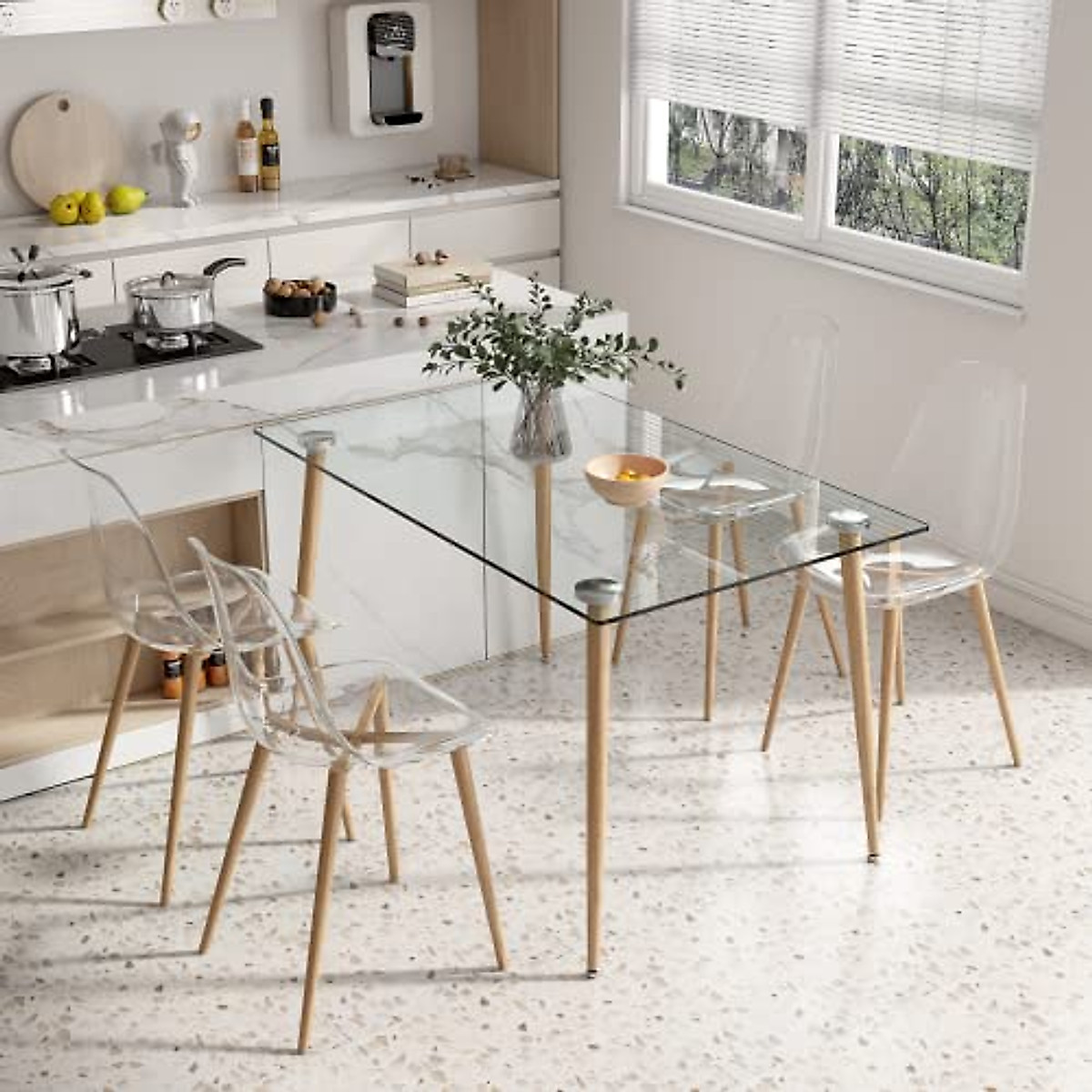Glass Dining Table Set for 4, 51 inch Dining Table & Chair Sets with Light Wood Metal Legs for Kitchen, Modern Rectangle Tempered Glass Table Top and Transparent Plastic Dining Chair for Dining Room