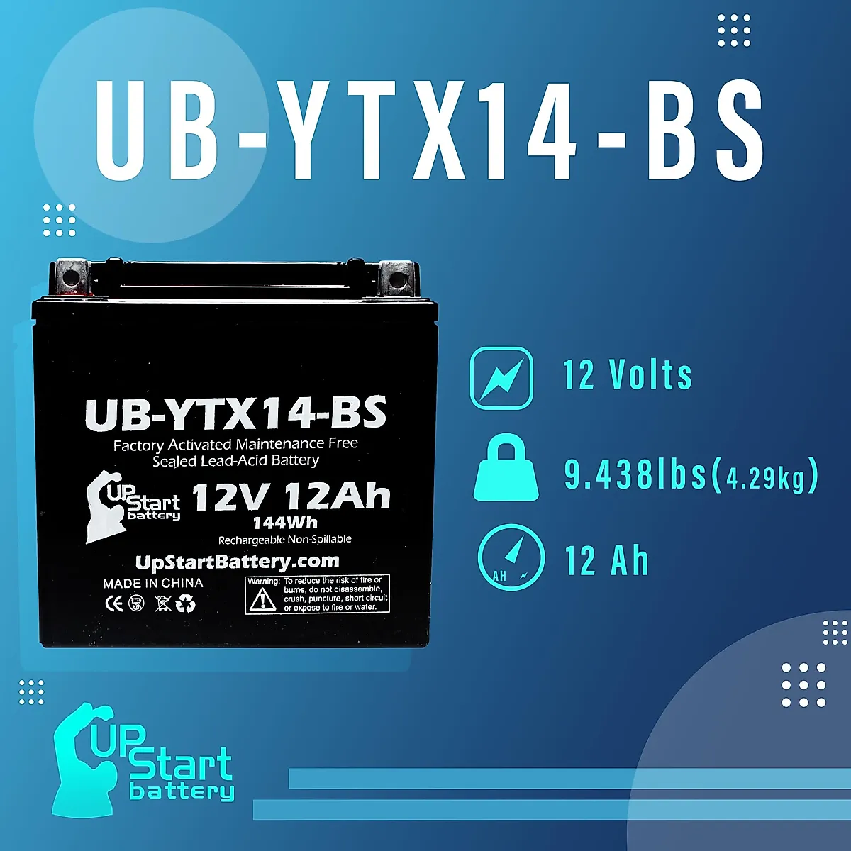 Replacement for 2006 Honda TRX350 Rancher 350 CC Factory Activated, Maintenance Free, ATV Battery - 12V, 12AH, UB-YTX14-BS