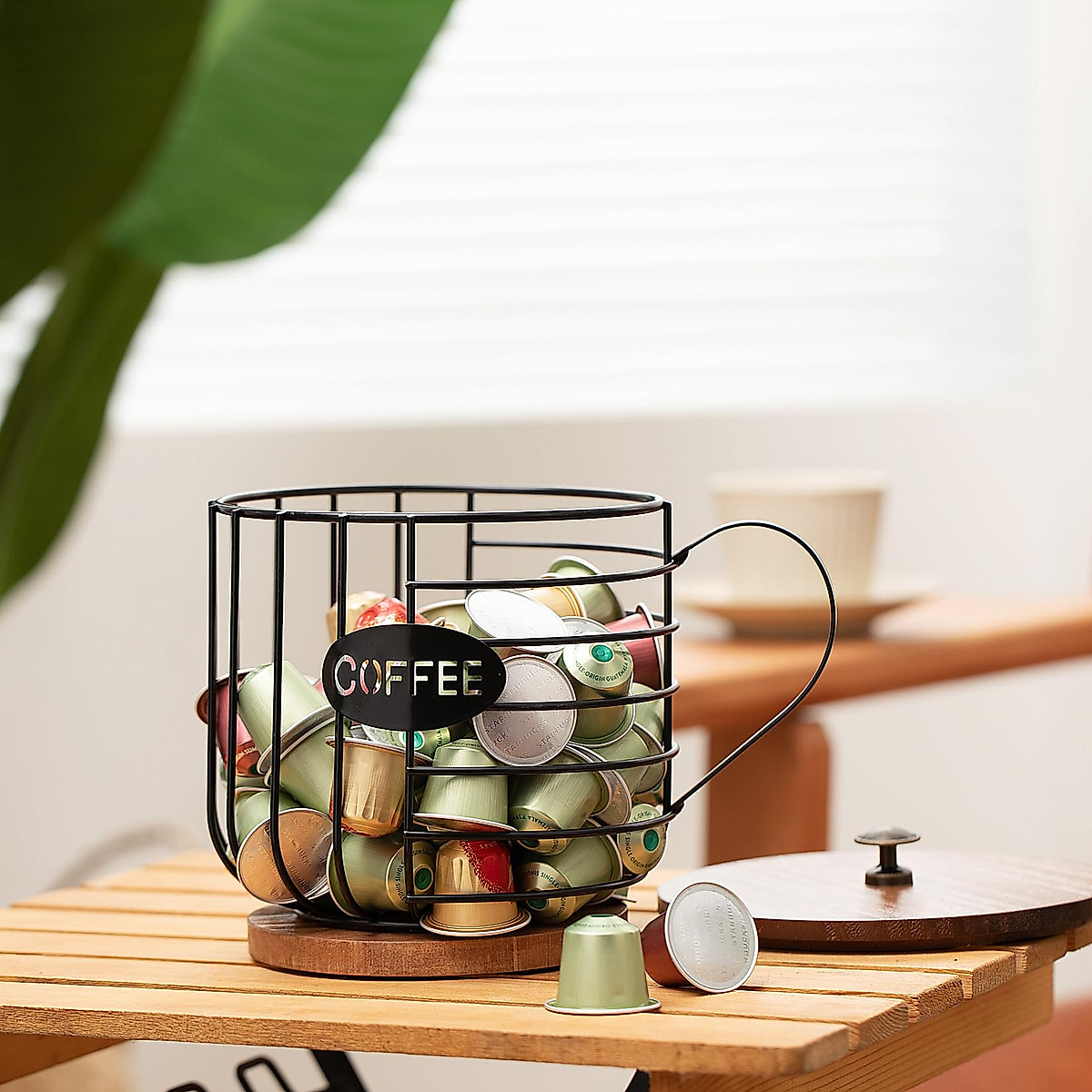 Panalo Rustic Coffee Pod Holder - Large Capacity Black Wire K cup Storage with Wooden Lid - Round Coffee Basket Decor for Kitchen Countertop for Pods & Espresso Capsules (Cup shape)