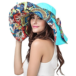 Women's Foldable Floppy Reversible Travel Beach Sun Visor Hat Wide Brim UPF 50+ (Blue)