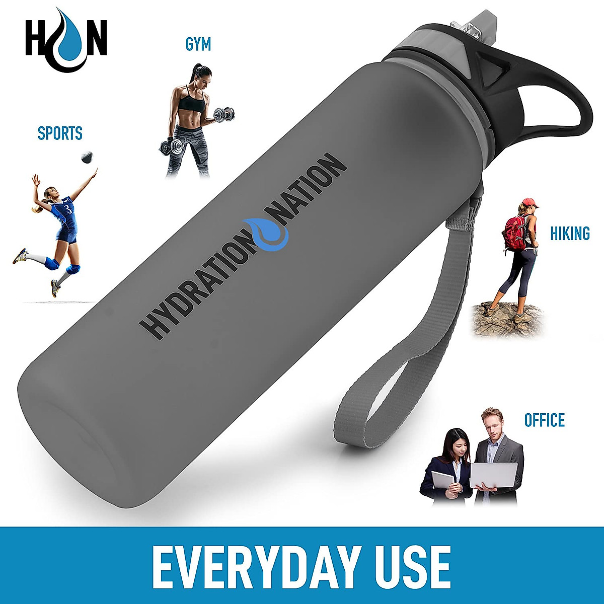 Hydration Nation (32oz Water Bottle With Time Marker - Leak Proof Water Bottles With Times To Drink For Fitness & Sports - 32oz Water Bottle With Straw For Drinking - Water Tracker Bottles (Gray)