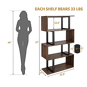 YITAHOME 5 Tiers Bookshelf, Modern S-Shaped Z-Shelf Style Bookshelves, Multifunctional Geometric Bookcase Storage Display Shelf for Living Room Bedroom Home Office, Retro Brown
