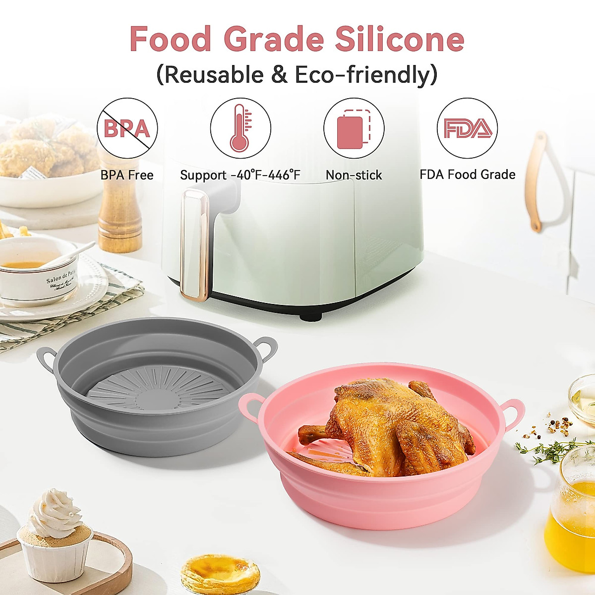 Homotte 2 Pack Air Fryer Silicone Liners Pot for 5 to 8 QT, Reusable AirFryer Silicone Basket Bowl, Replacement of Flammable Parchment Paper, Food Grade Baking Tray Oven Accessories, Pink+Grey (8.5in)