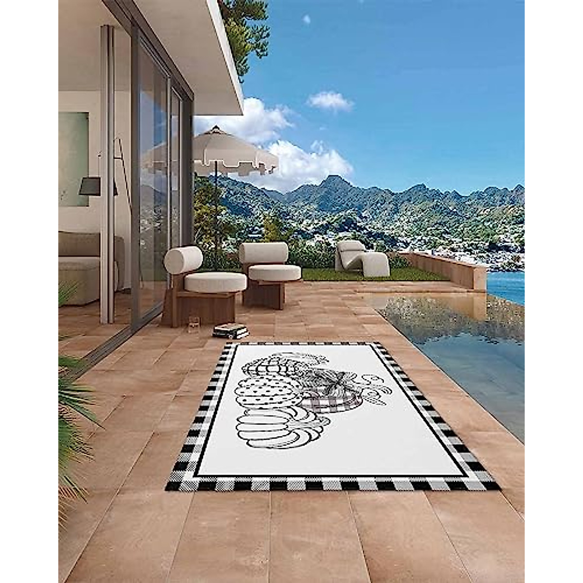Outdoor Rug 4' x 6', Fall Thanksgiving Large Area Rugs for Patio/RV/Deck/Porch/Indoors, Black and White Checkered Pumpkin Water Absorption Camping Rug Carpet, Lightweight Washable Rug Runners