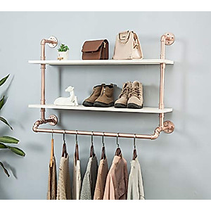 FOF FRIEND OF FAMILY Industrial Pipe Garment Rack with Double Tier shelves, Wall Mounted Clothes Rod for Clothing Storage, Rose Gold&White Color, 40" Wide