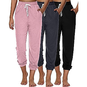 Ficerd 3 Pcs Women's Joggers Pants Casual Soft Sweatpants Lounge Pants High Waisted Athletic Joggers with Pockets (Black, Dark Gray, Pink,Small)
